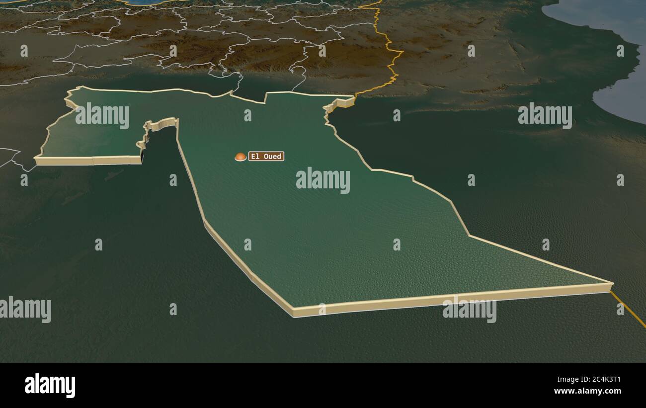 Zoom in on El Oued (province of Algeria) extruded. Oblique perspective ...