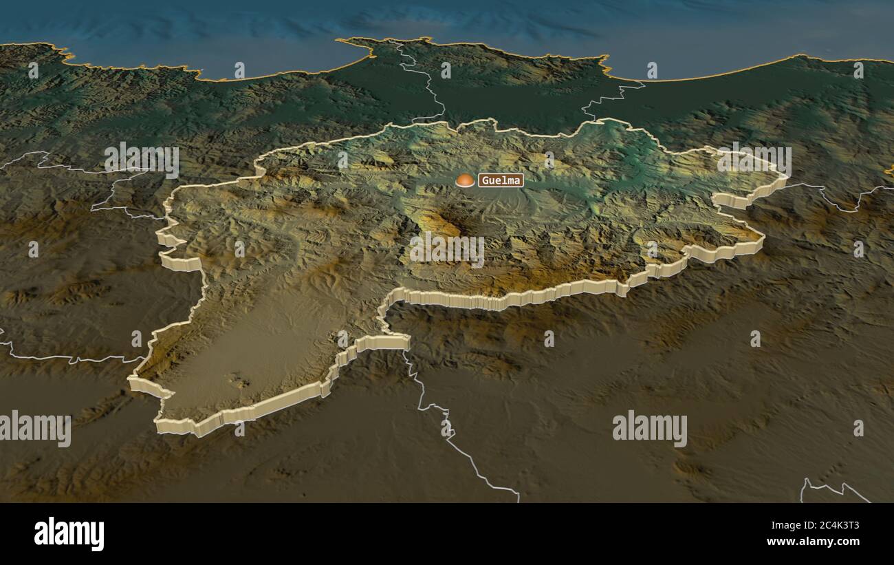 Zoom in on Guelma (province of Algeria) extruded. Oblique perspective ...