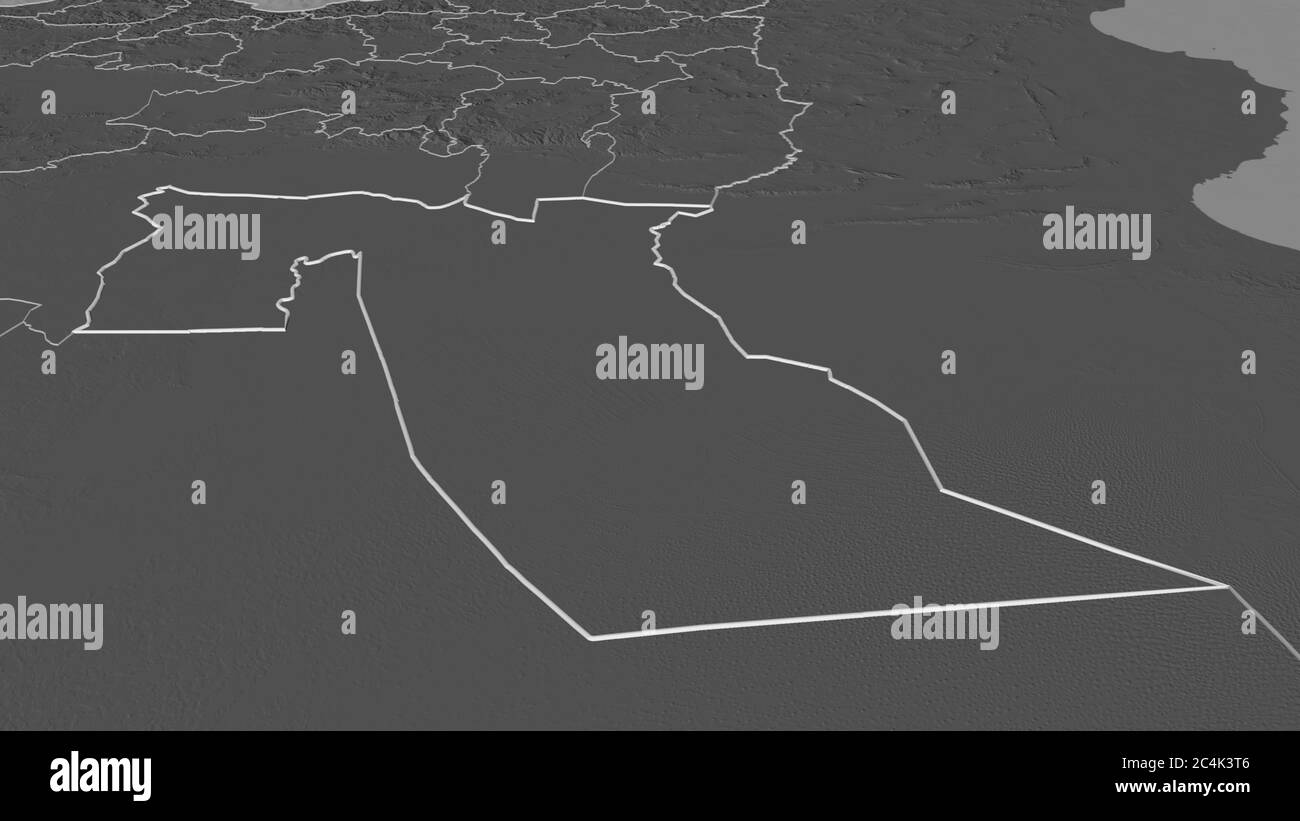 Zoom in on El Oued (province of Algeria) outlined. Oblique perspective ...