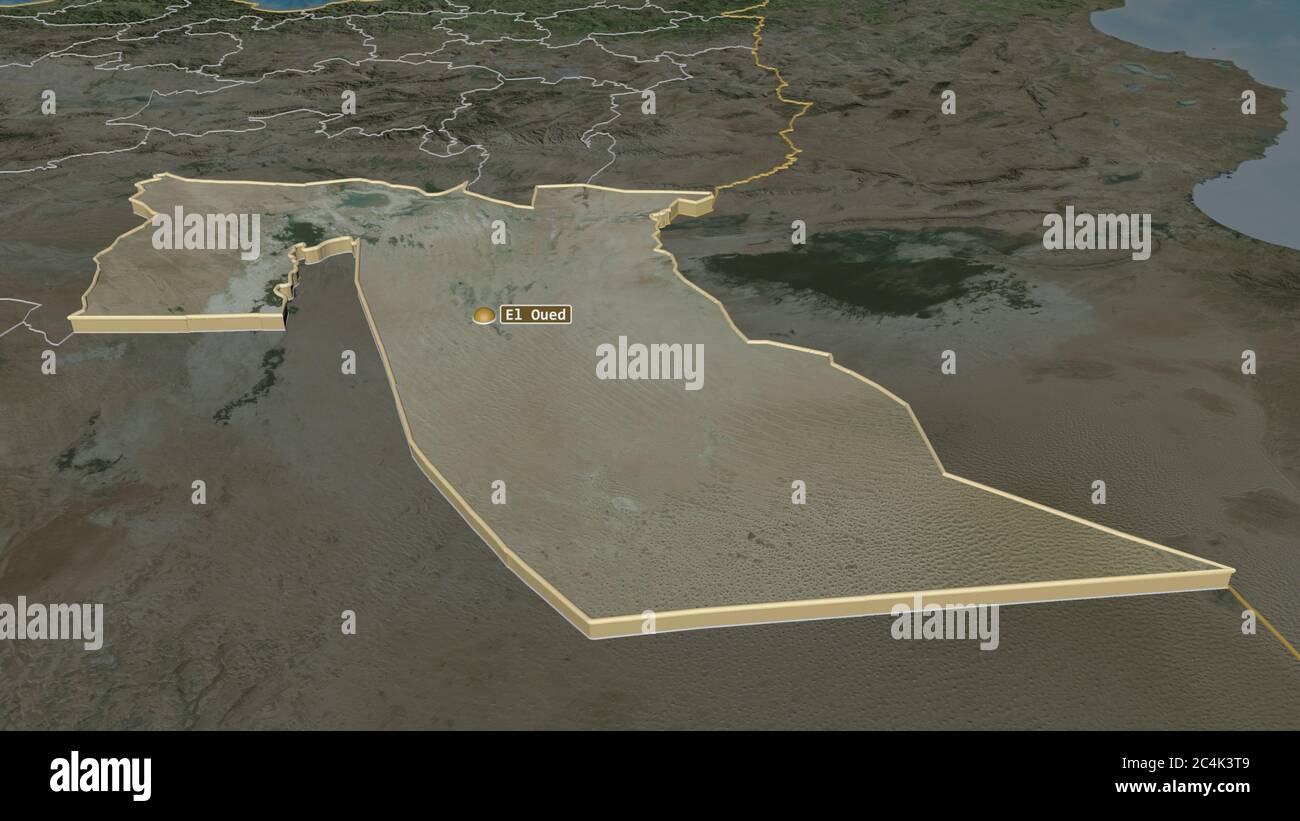 Zoom in on El Oued (province of Algeria) extruded. Oblique perspective ...