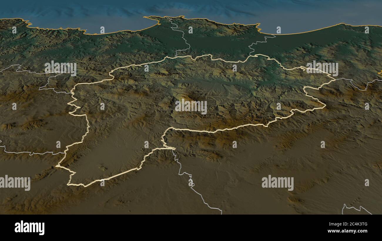 Zoom in on Guelma (province of Algeria) outlined. Oblique perspective ...