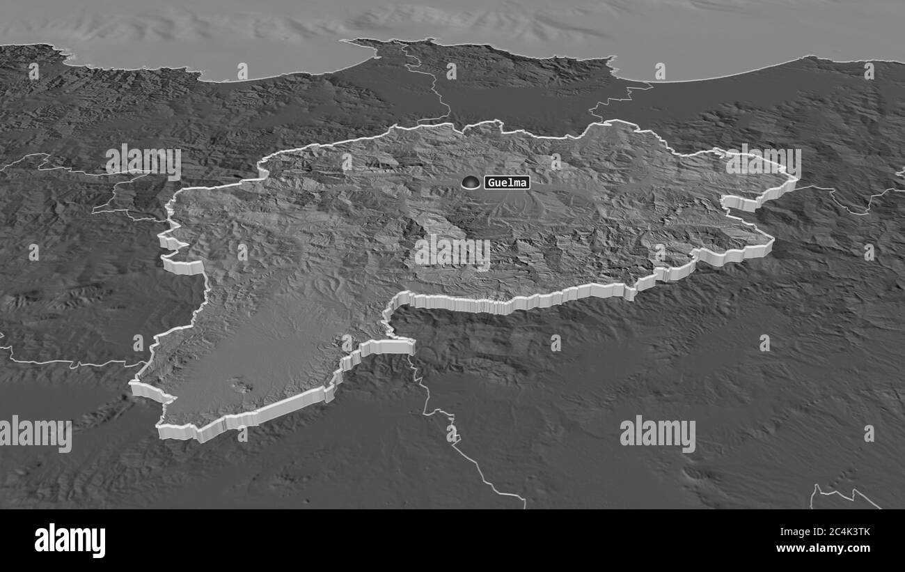 Zoom in on Guelma (province of Algeria) extruded. Oblique perspective ...