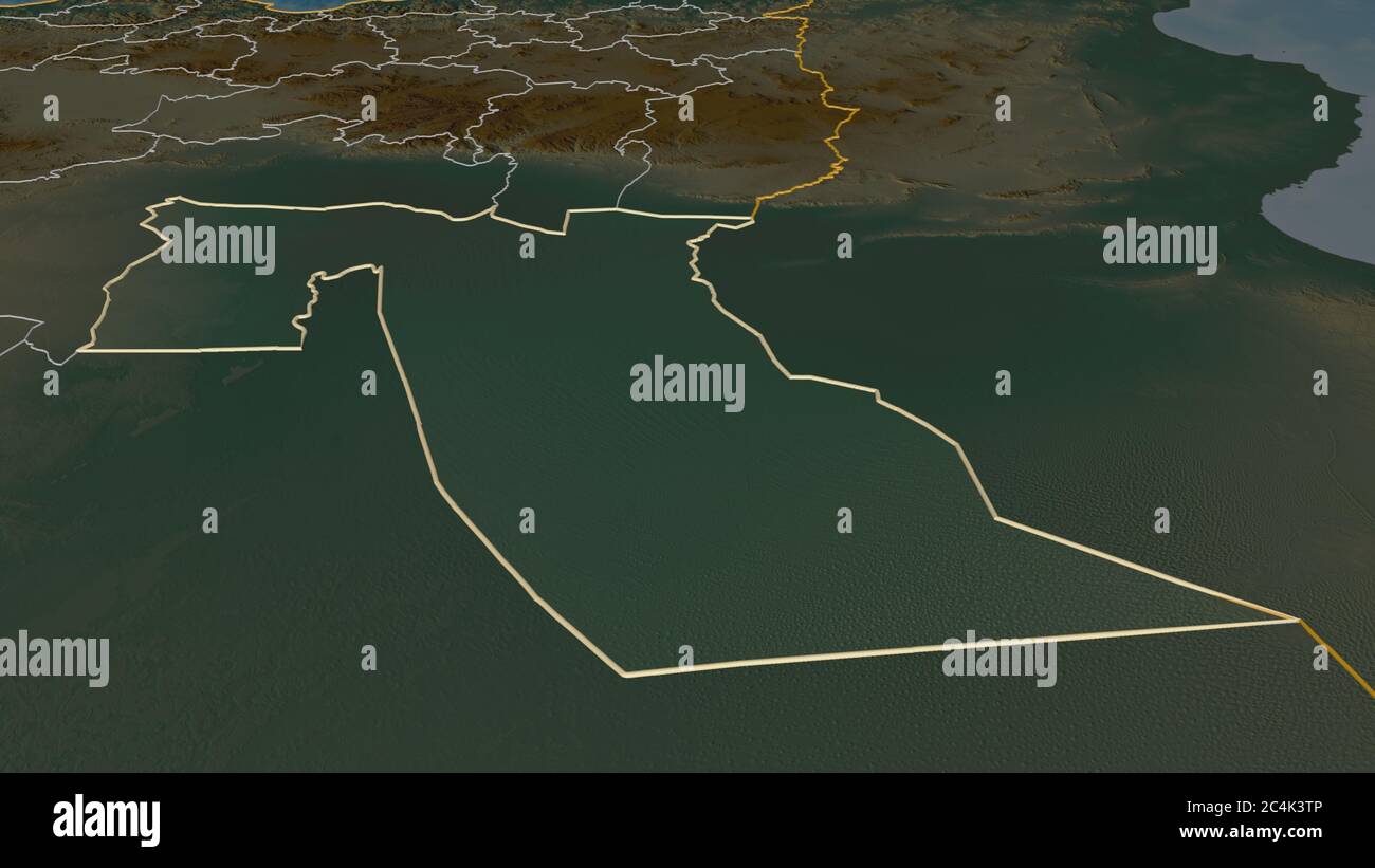 Zoom in on El Oued (province of Algeria) outlined. Oblique perspective ...