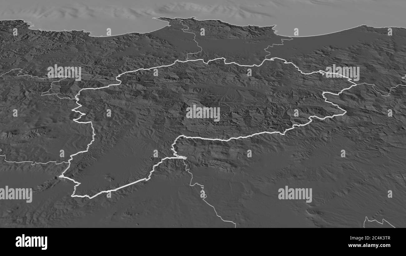 Zoom in on Guelma (province of Algeria) outlined. Oblique perspective ...