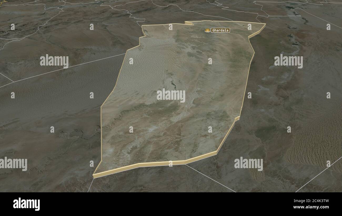 Zoom in on Ghardaïa (province of Algeria) extruded. Oblique perspective ...