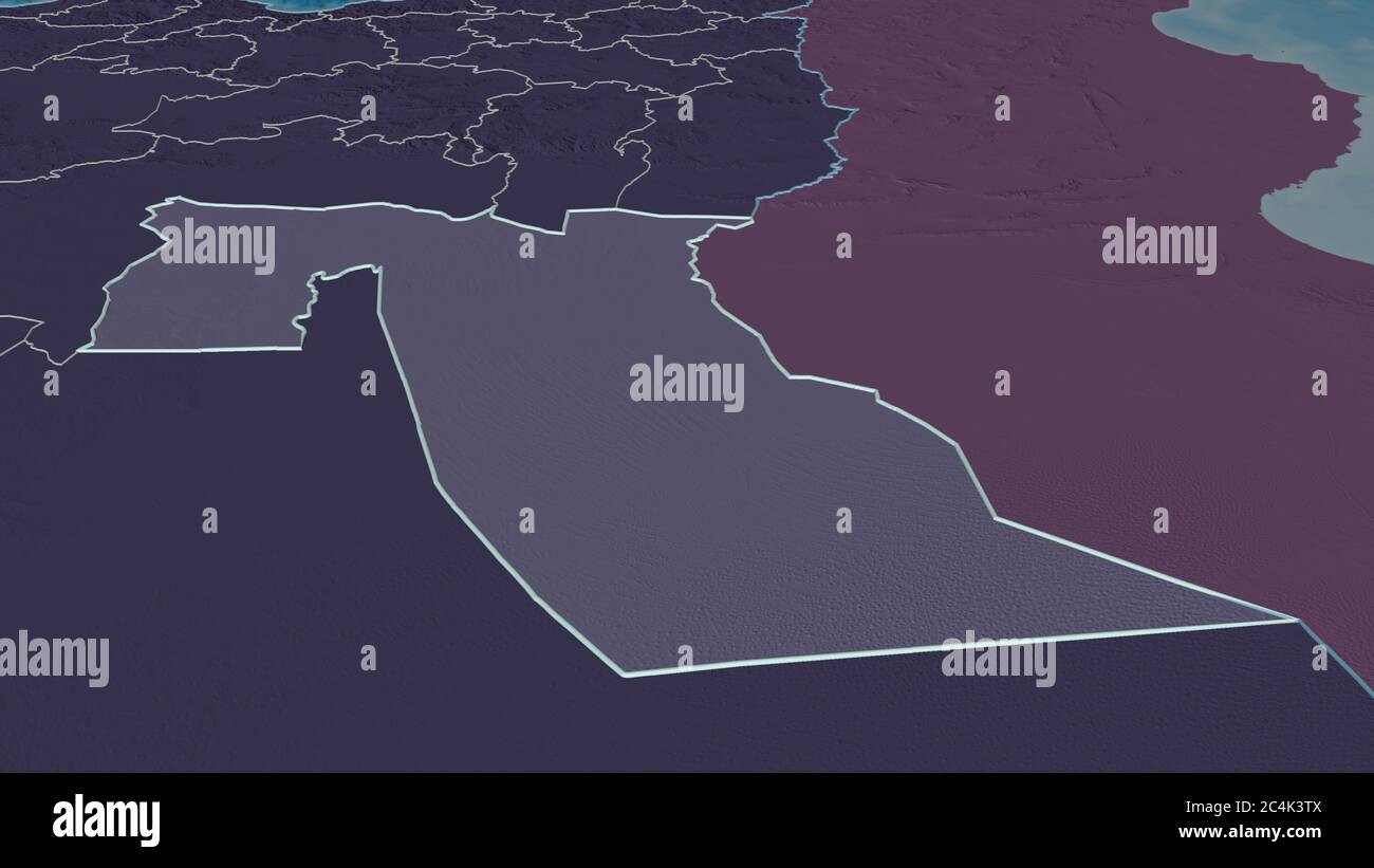 Zoom in on El Oued (province of Algeria) outlined. Oblique perspective ...
