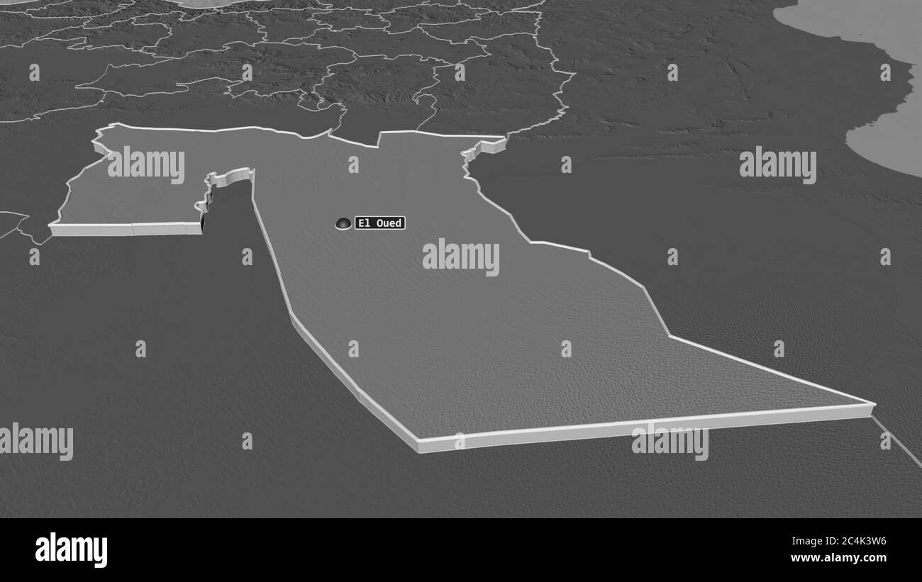 Zoom in on El Oued (province of Algeria) extruded. Oblique perspective ...