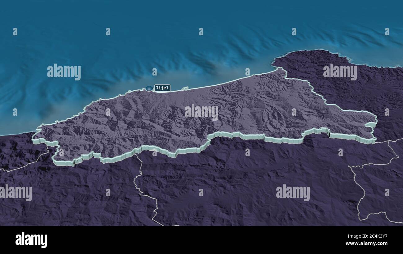 Zoom in on Jijel (province of Algeria) extruded. Oblique perspective ...