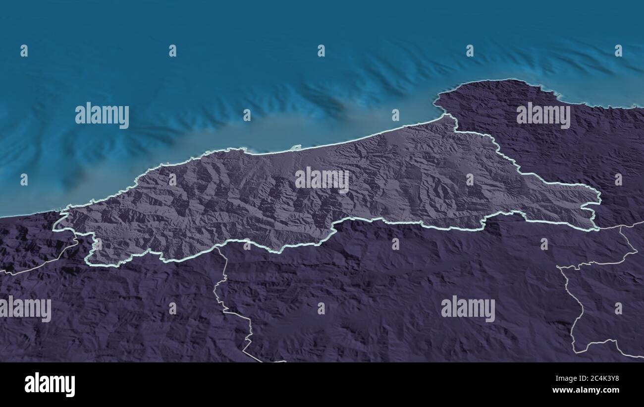 Zoom in on Jijel (province of Algeria) outlined. Oblique perspective ...