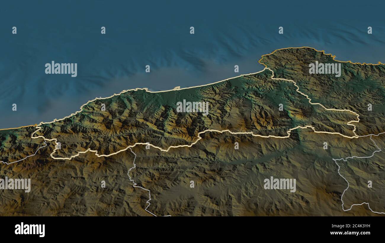 Zoom in on Jijel (province of Algeria) outlined. Oblique perspective ...