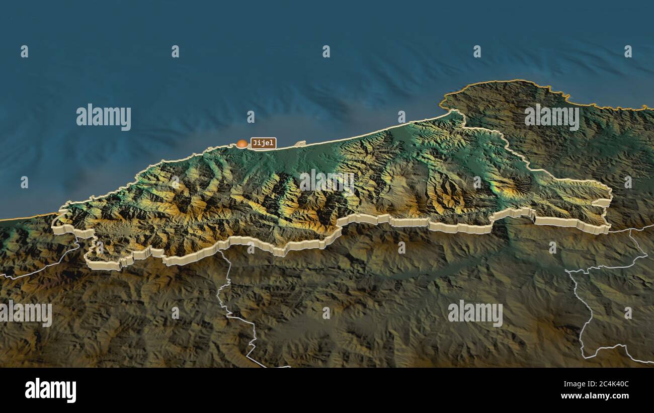 Zoom in on Jijel (province of Algeria) extruded. Oblique perspective ...