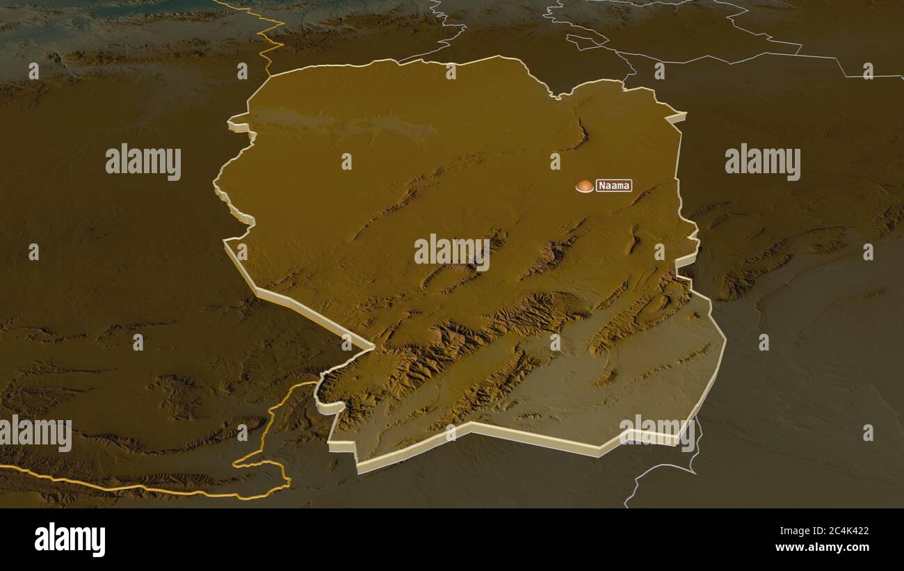 Zoom in on Naâma (province of Algeria) extruded. Oblique perspective ...