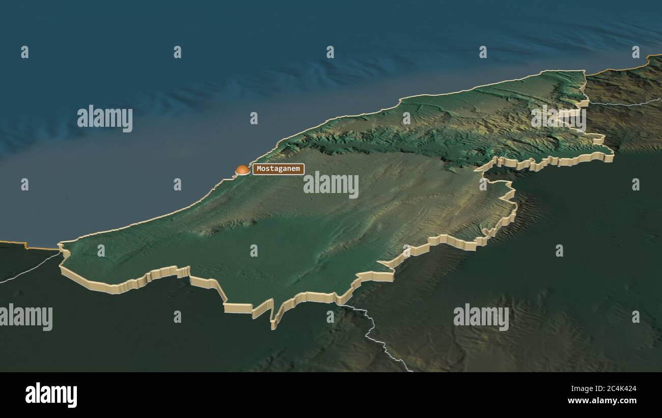Zoom in on Mostaganem (province of Algeria) extruded. Oblique ...