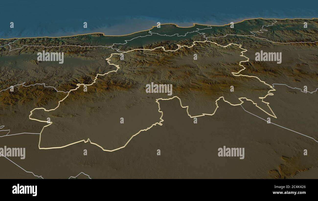 Zoom in on Médéa (province of Algeria) outlined. Oblique perspective ...