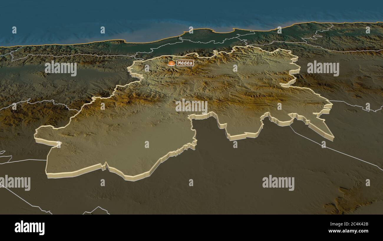 Zoom in on Médéa (province of Algeria) extruded. Oblique perspective ...