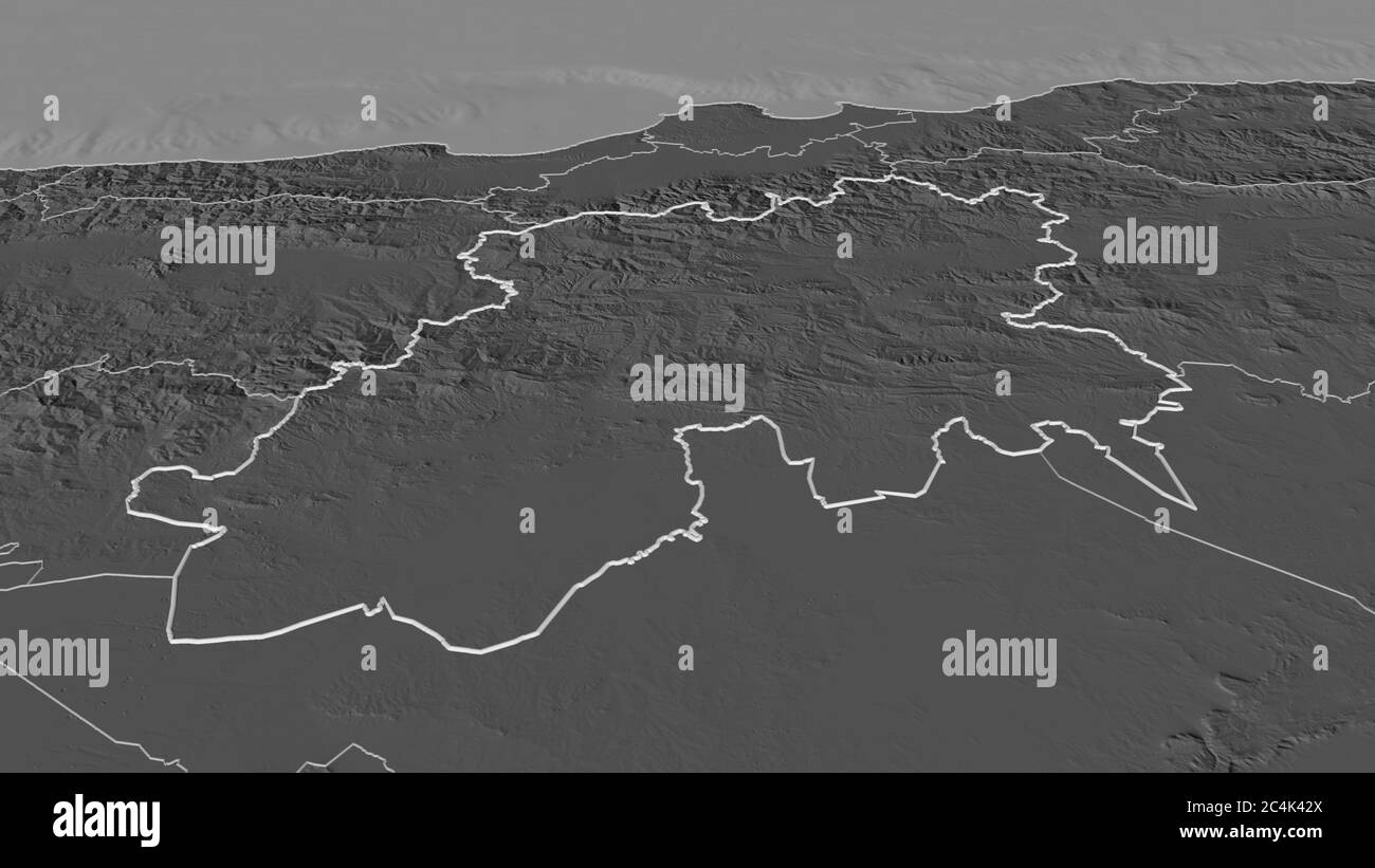 Zoom in on Médéa (province of Algeria) outlined. Oblique perspective ...