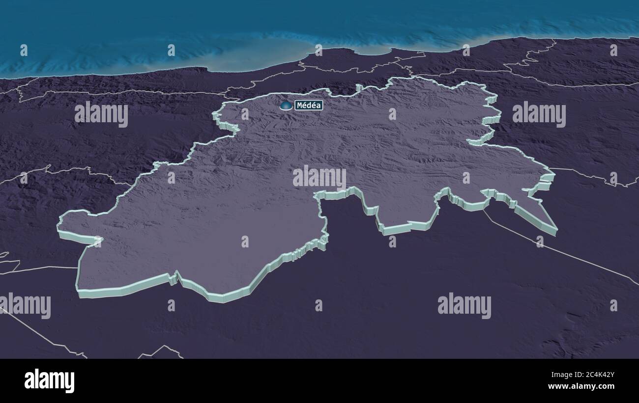 Zoom in on Médéa (province of Algeria) extruded. Oblique perspective ...