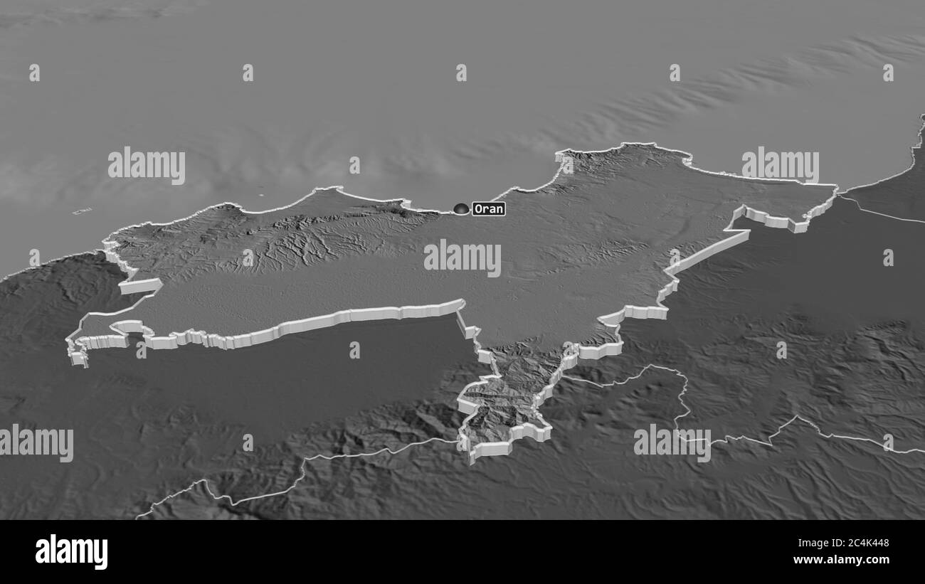 Zoom in on Oran (province of Algeria) extruded. Oblique perspective ...