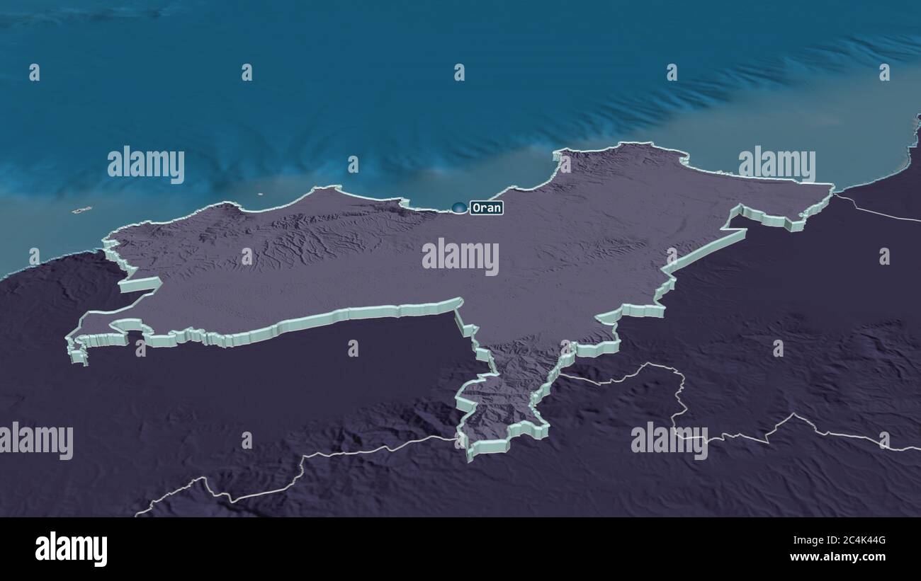 Zoom in on Oran (province of Algeria) extruded. Oblique perspective ...