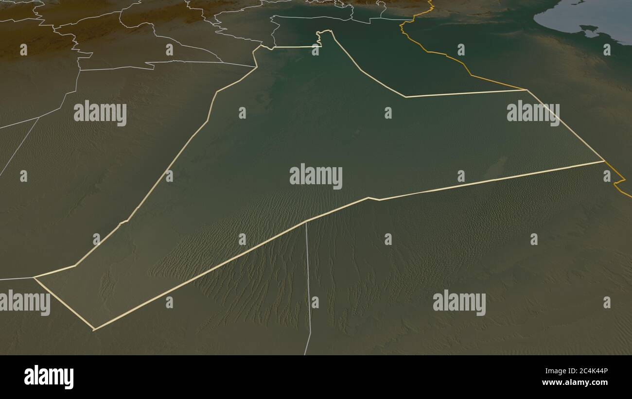 Zoom in on Ouargla (province of Algeria) outlined. Oblique perspective ...