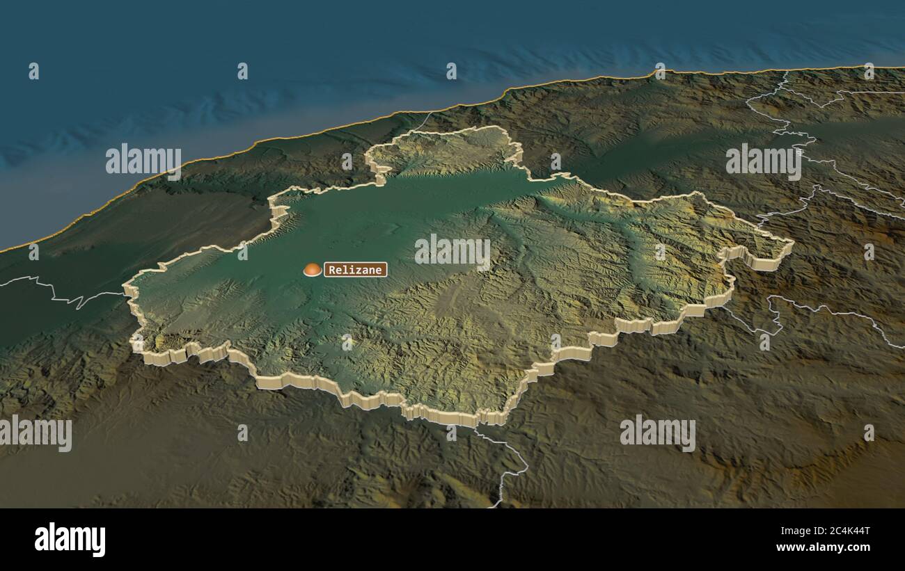 Zoom in on Relizane (province of Algeria) extruded. Oblique perspective ...