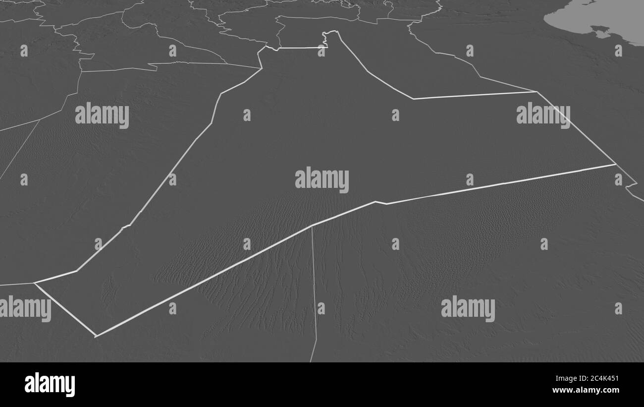 Zoom in on Ouargla (province of Algeria) outlined. Oblique perspective ...