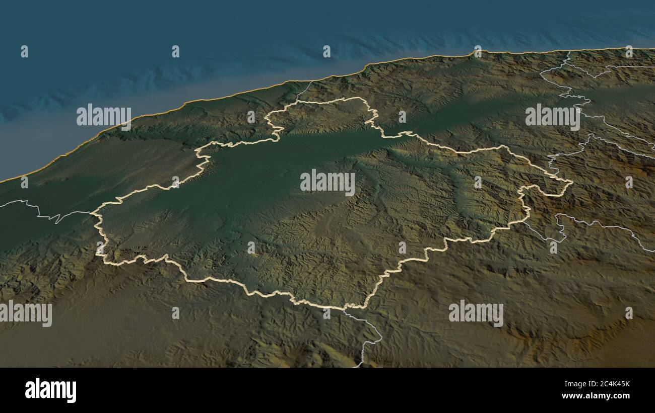 Zoom in on Relizane (province of Algeria) outlined. Oblique perspective ...