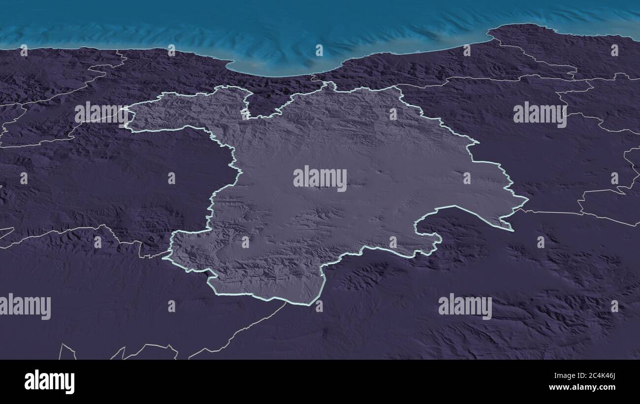 Zoom in on Sétif (province of Algeria) outlined. Oblique perspective ...
