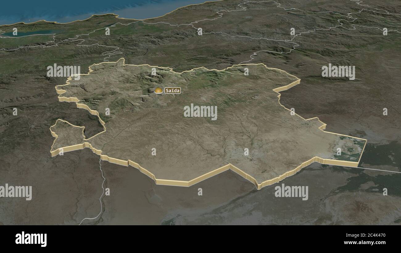Zoom in on Saïda (province of Algeria) extruded. Oblique perspective ...
