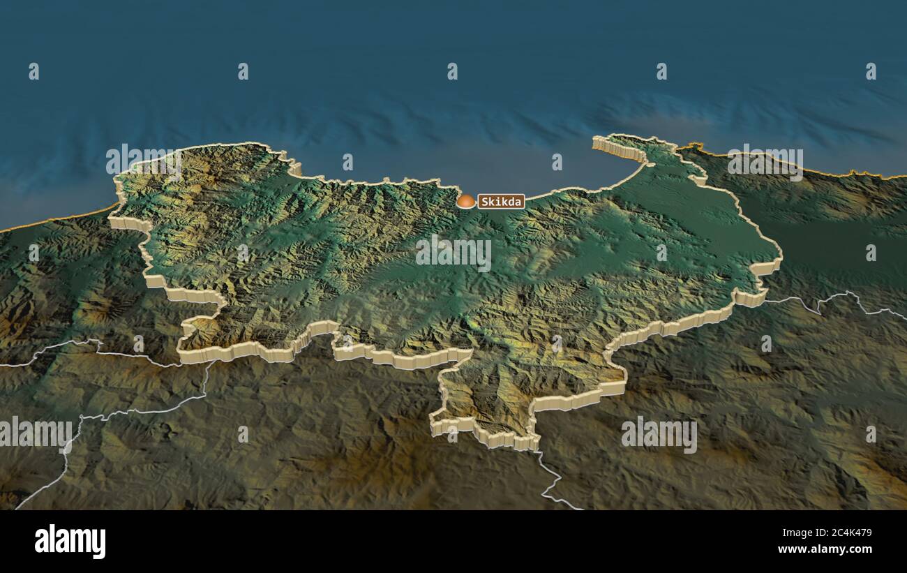 Zoom in on Skikda (province of Algeria) extruded. Oblique perspective ...