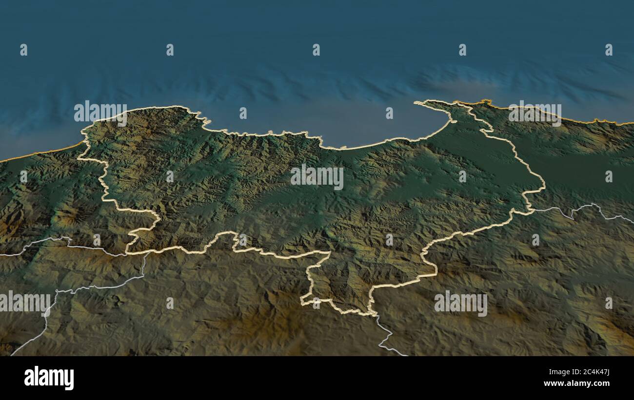 Zoom in on Skikda (province of Algeria) outlined. Oblique perspective ...