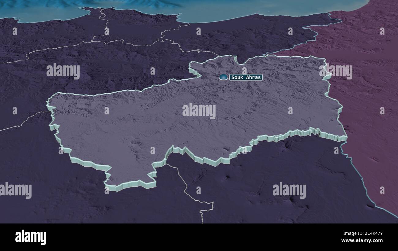 Zoom in on Souk Ahras (province of Algeria) extruded. Oblique ...