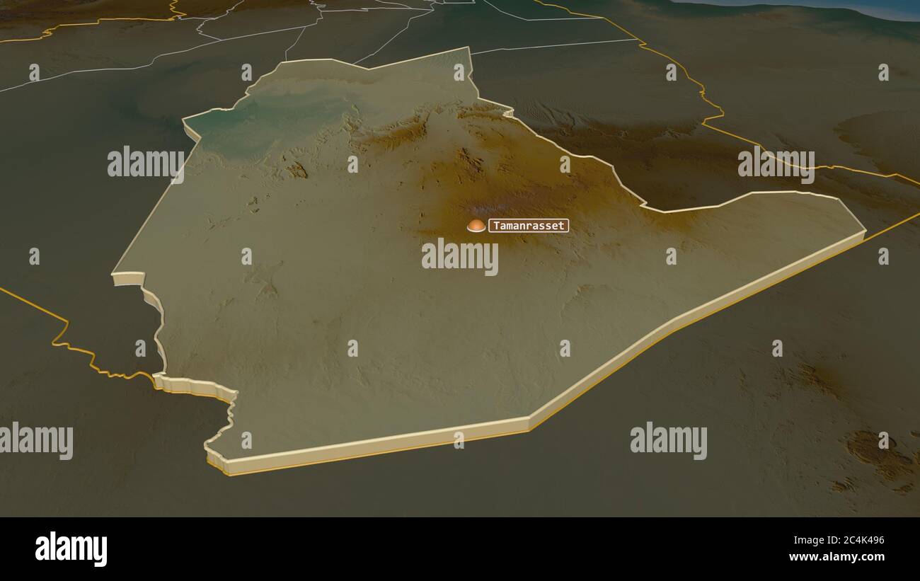Zoom in on Tamanghasset (province of Algeria) extruded. Oblique ...