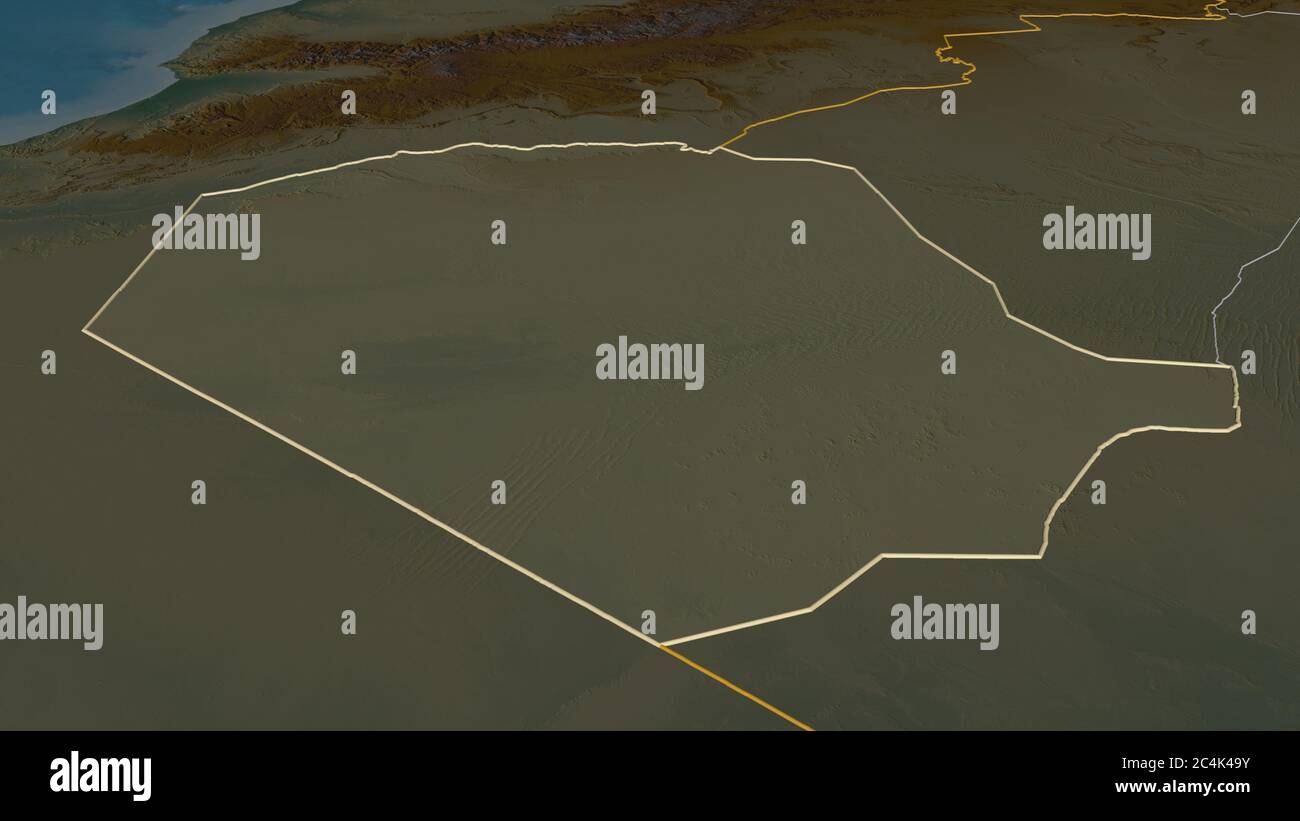 Zoom in on Tindouf (province of Algeria) outlined. Oblique perspective ...