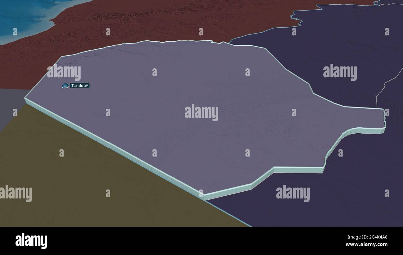 Zoom in on Tindouf (province of Algeria) extruded. Oblique perspective ...