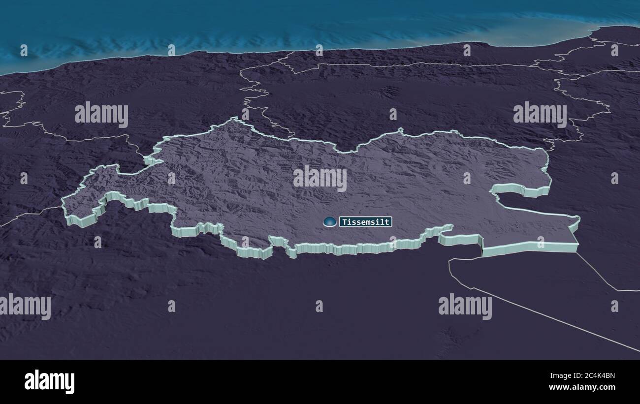 Zoom in on Tissemsilt (province of Algeria) extruded. Oblique ...