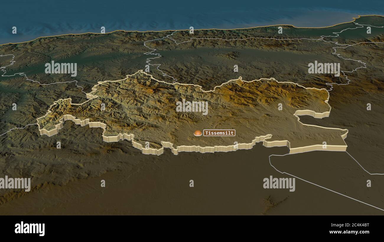 Zoom in on Tissemsilt (province of Algeria) extruded. Oblique ...