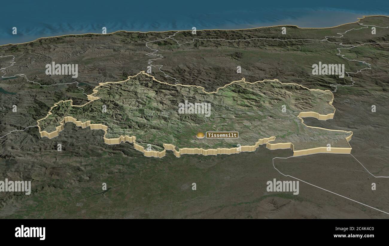 Zoom in on Tissemsilt (province of Algeria) extruded. Oblique ...