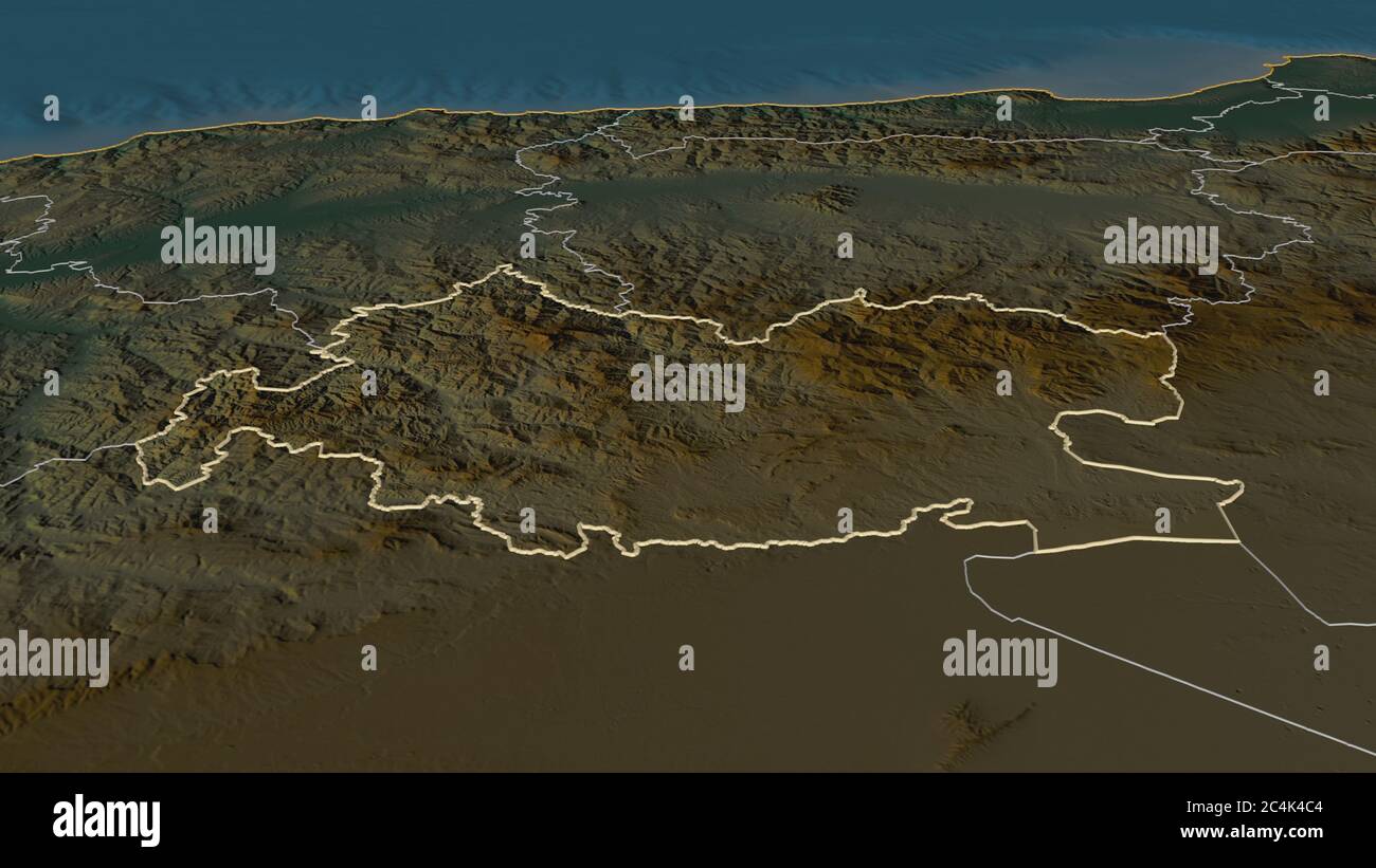 Zoom in on Tissemsilt (province of Algeria) outlined. Oblique ...