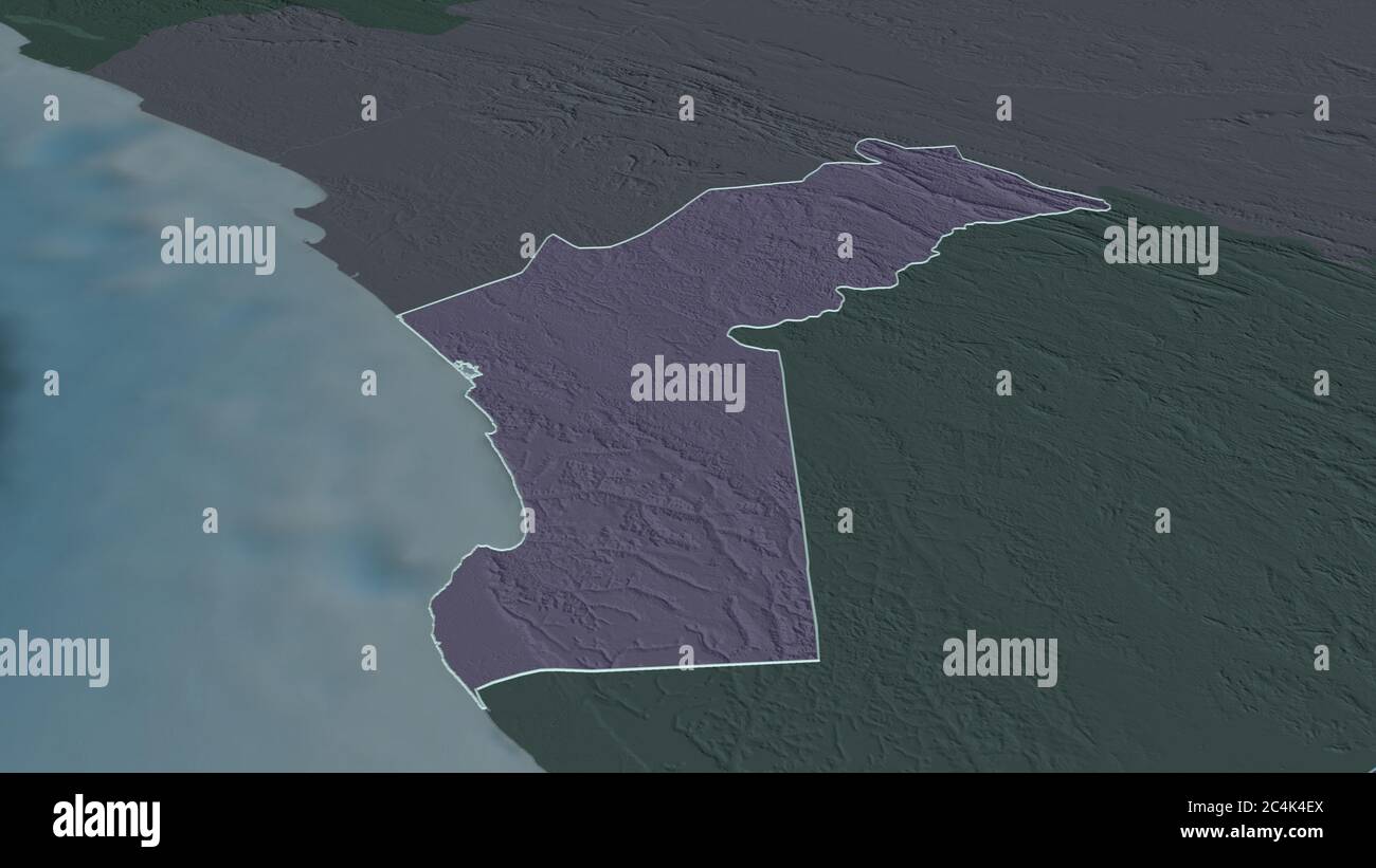 Zoom in on Cabinda (province of Angola) outlined. Oblique perspective ...