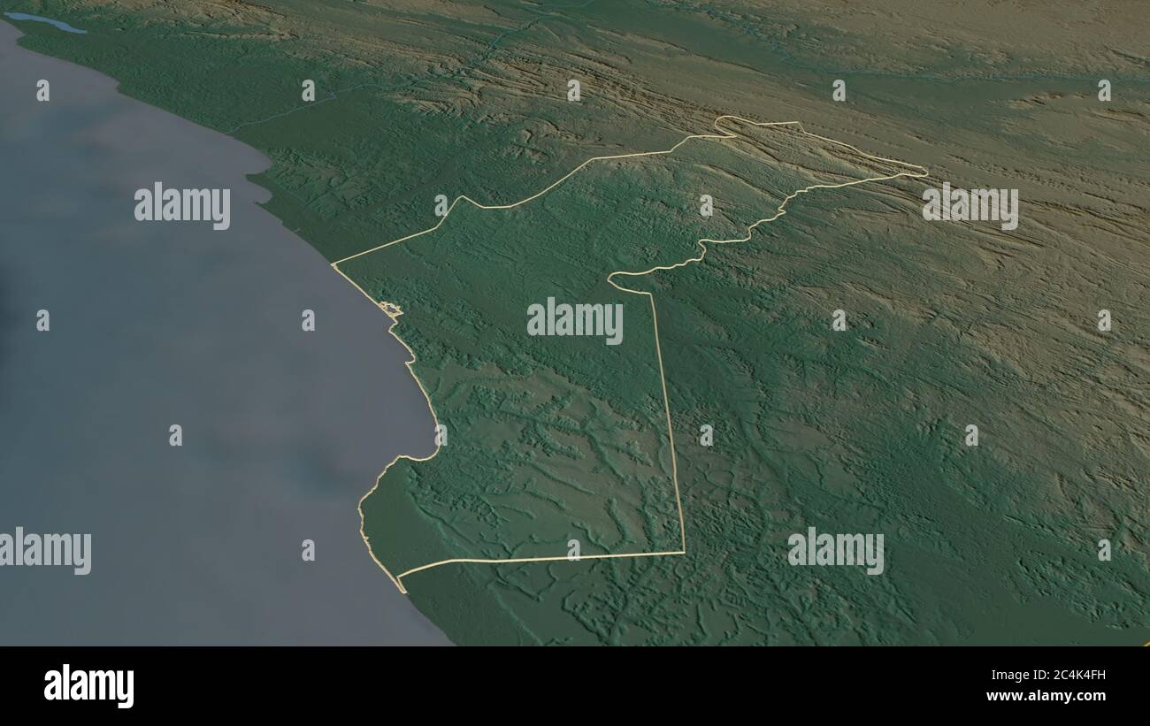 Zoom in on Cabinda (province of Angola) outlined. Oblique perspective ...