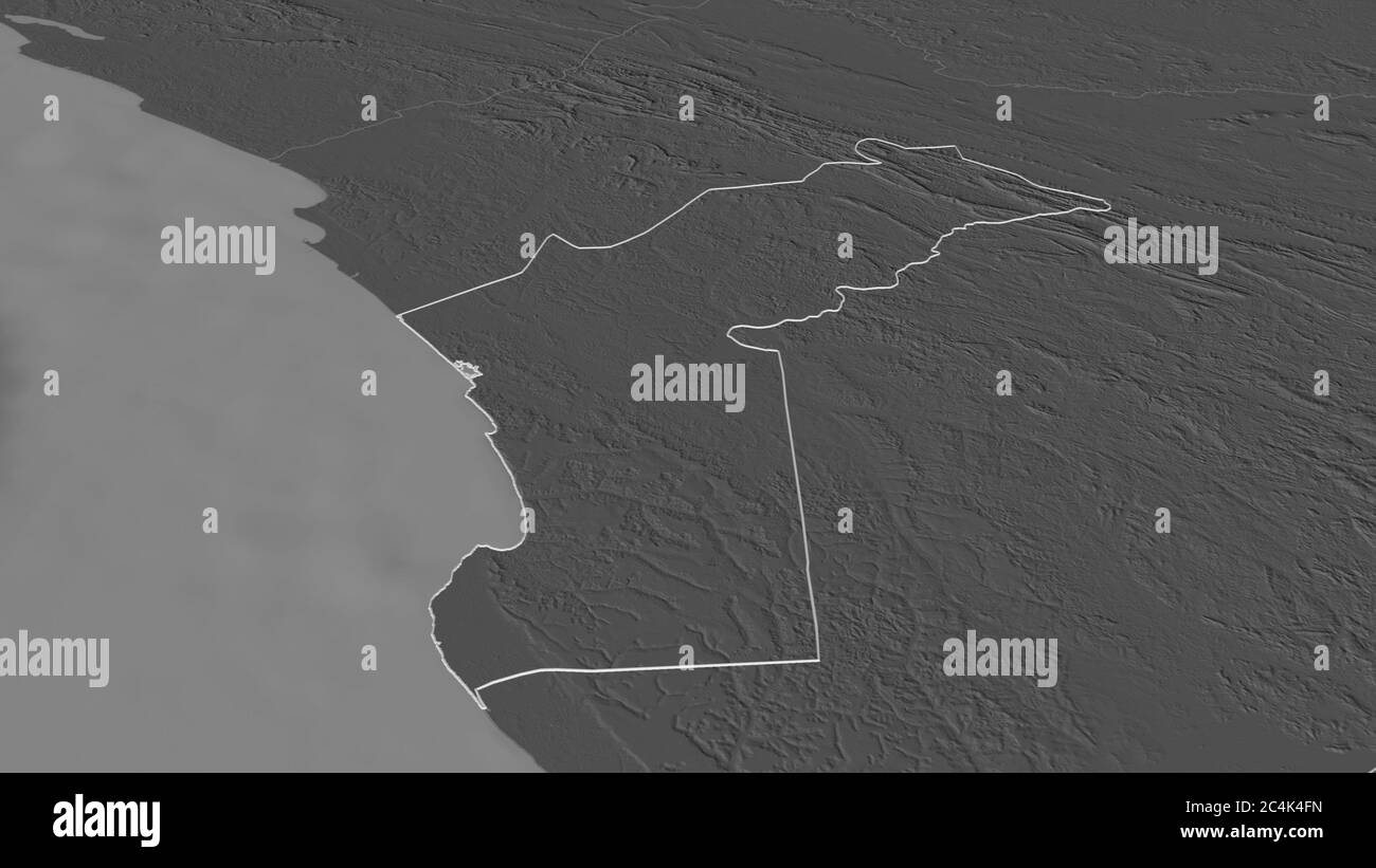 Zoom in on Cabinda (province of Angola) outlined. Oblique perspective ...