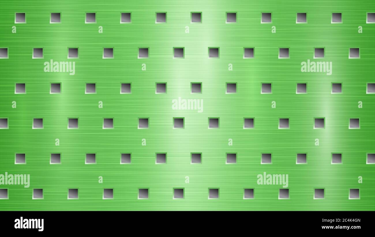 Abstract metal background with square holes in green and gray colors ...