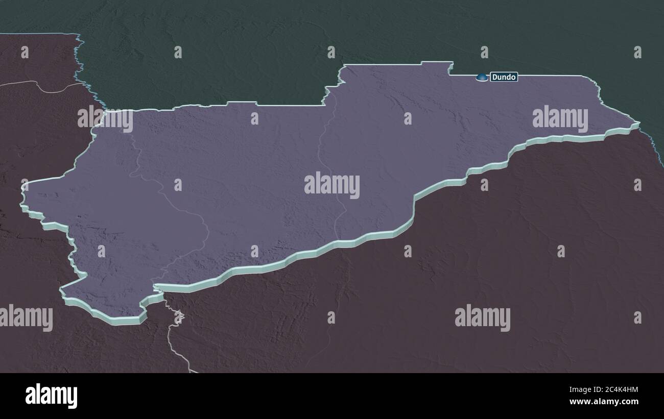 Zoom in on Lunda Norte (province of Angola) extruded. Oblique ...