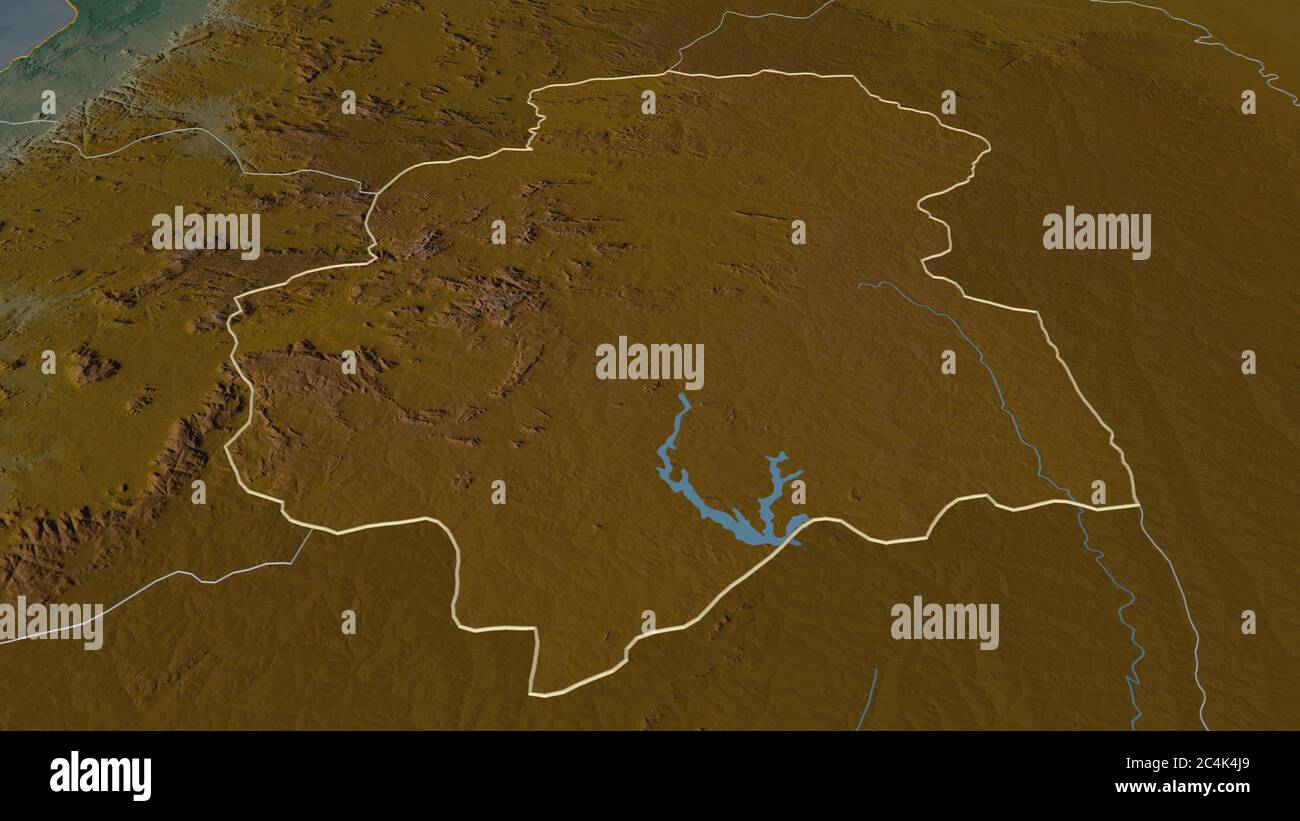 Zoom in on Huambo (province of Angola) outlined. Oblique perspective ...