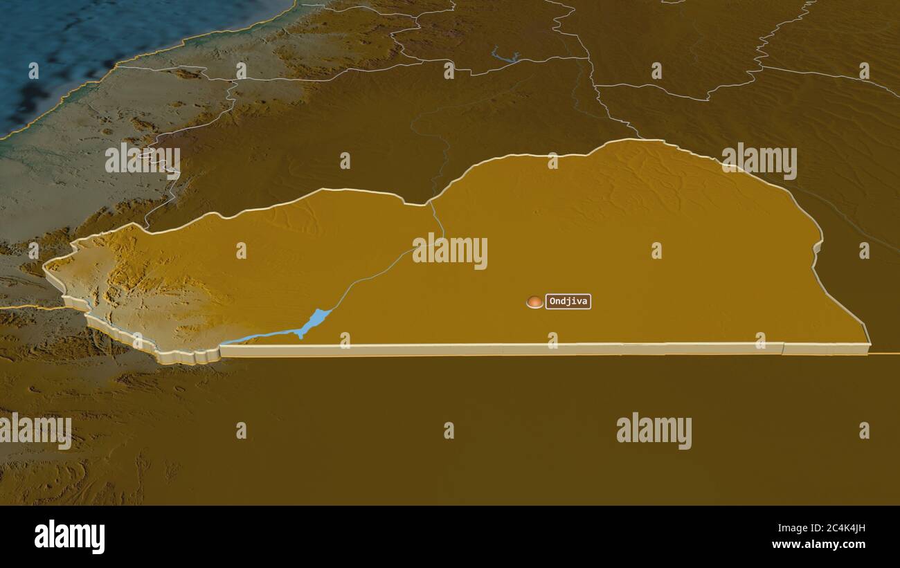 Zoom in on Cunene (province of Angola) extruded. Oblique perspective ...