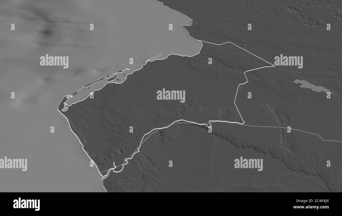 Zoom in on Luanda (province of Angola) outlined. Oblique perspective ...
