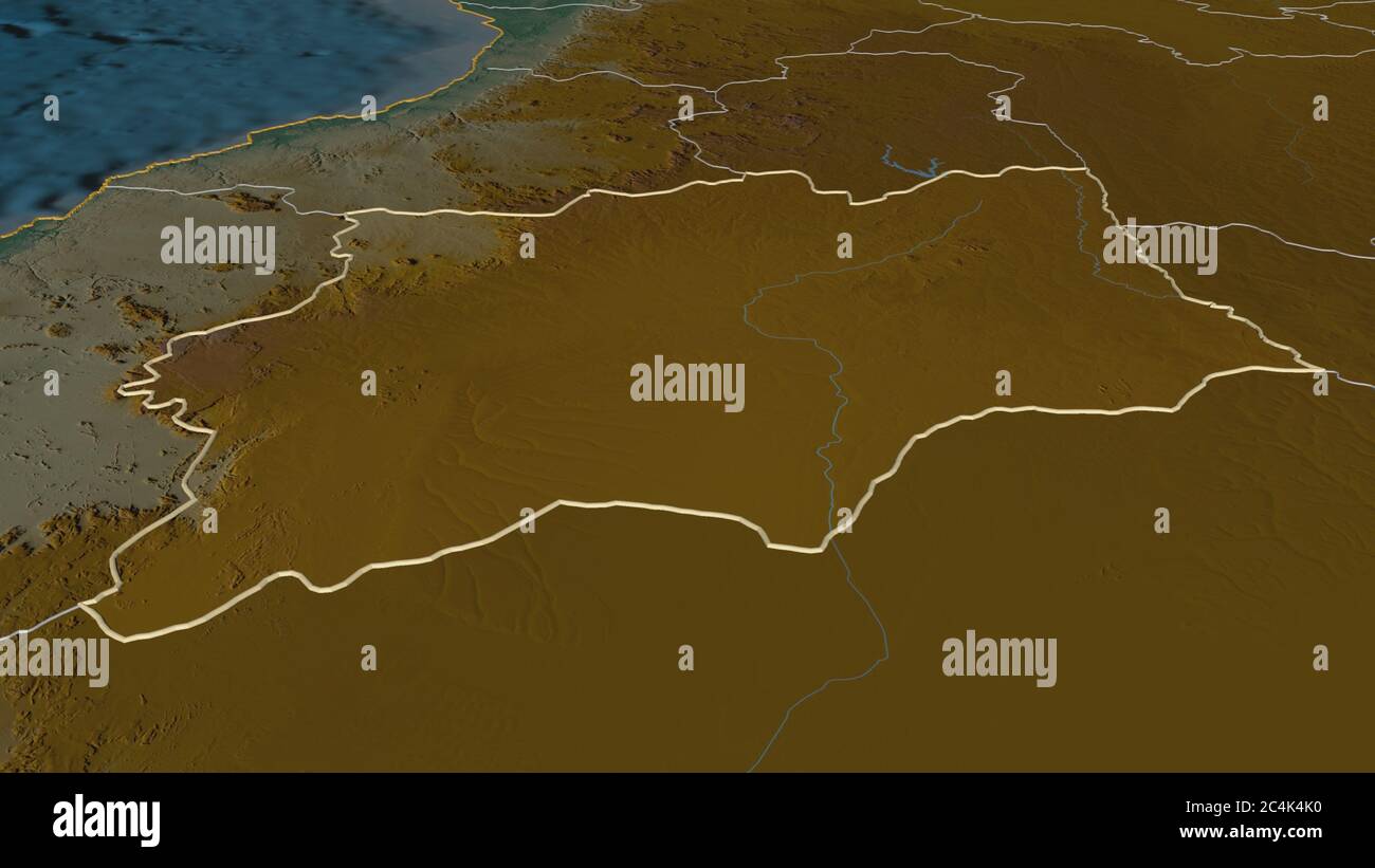 Zoom in on Huíla (province of Angola) outlined. Oblique perspective ...