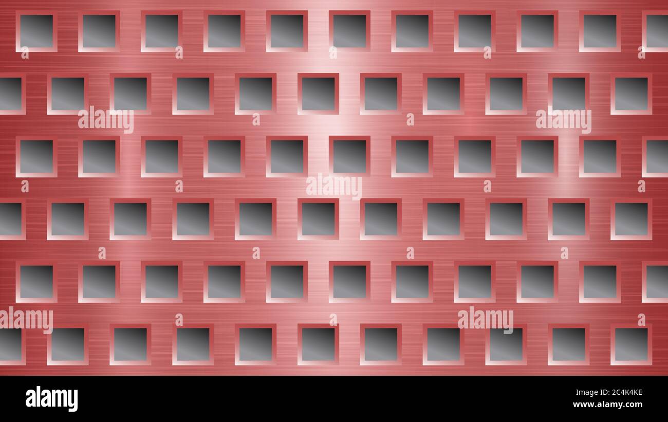 Abstract metal background with square holes in red and gray colors ...