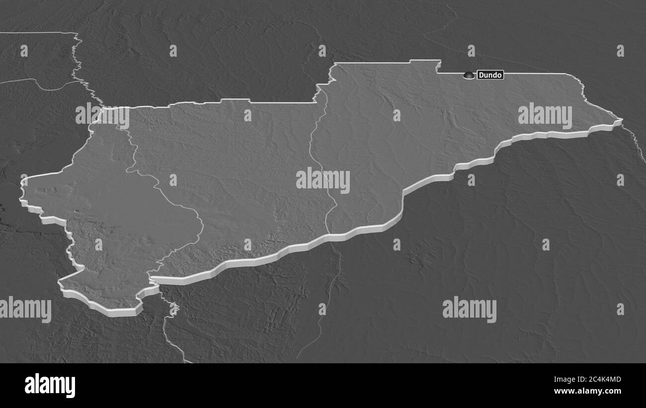 Zoom in on Lunda Norte (province of Angola) extruded. Oblique ...